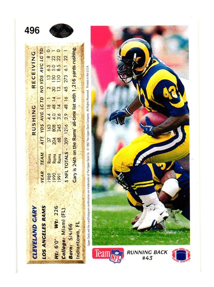 1992 Upper Deck #496 Cleveland Gary Los Angeles Rams | eBay