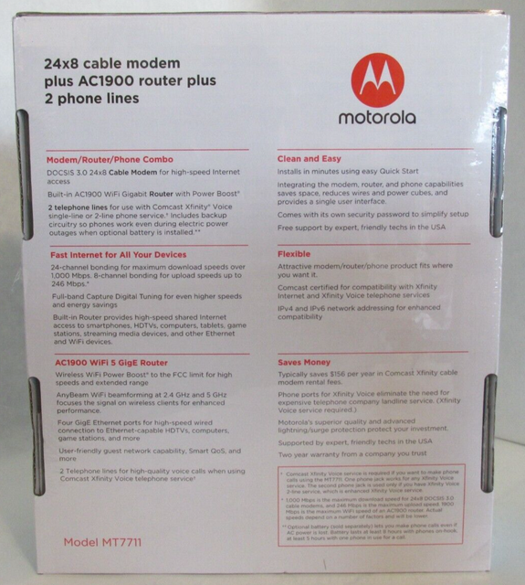 Motorola MT7711 24X8 Cable Modem and AC1900 Dual Band Wi-Fi Gigabit ...