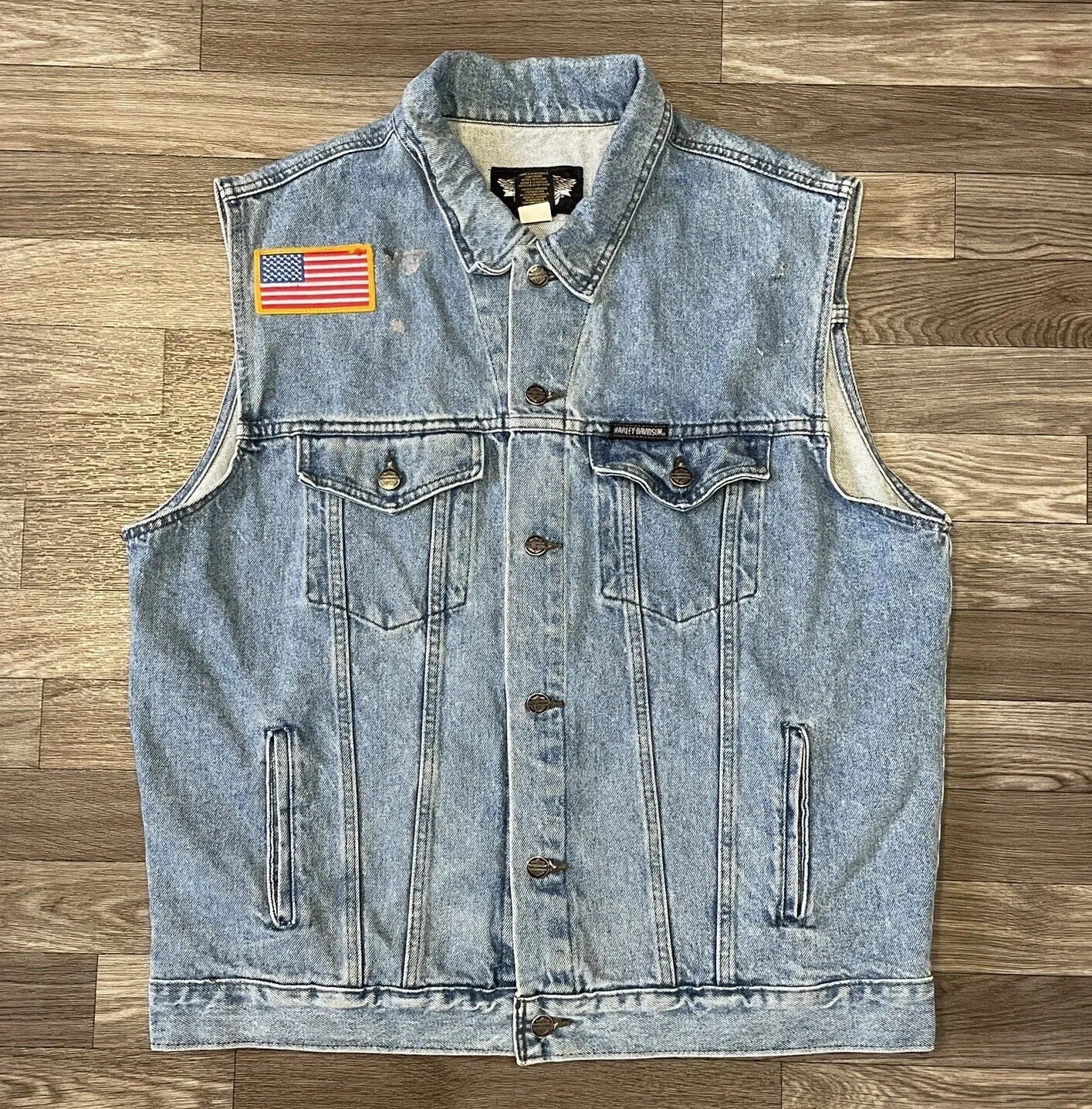 Harley Davidson Denim Motorcycle Vest Men’s XL Flag L… - Gem