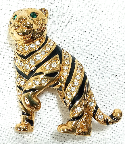 3D Tiger Pin Brooch Gold Tone Metal Black Enamel Rhinestones Clear ...