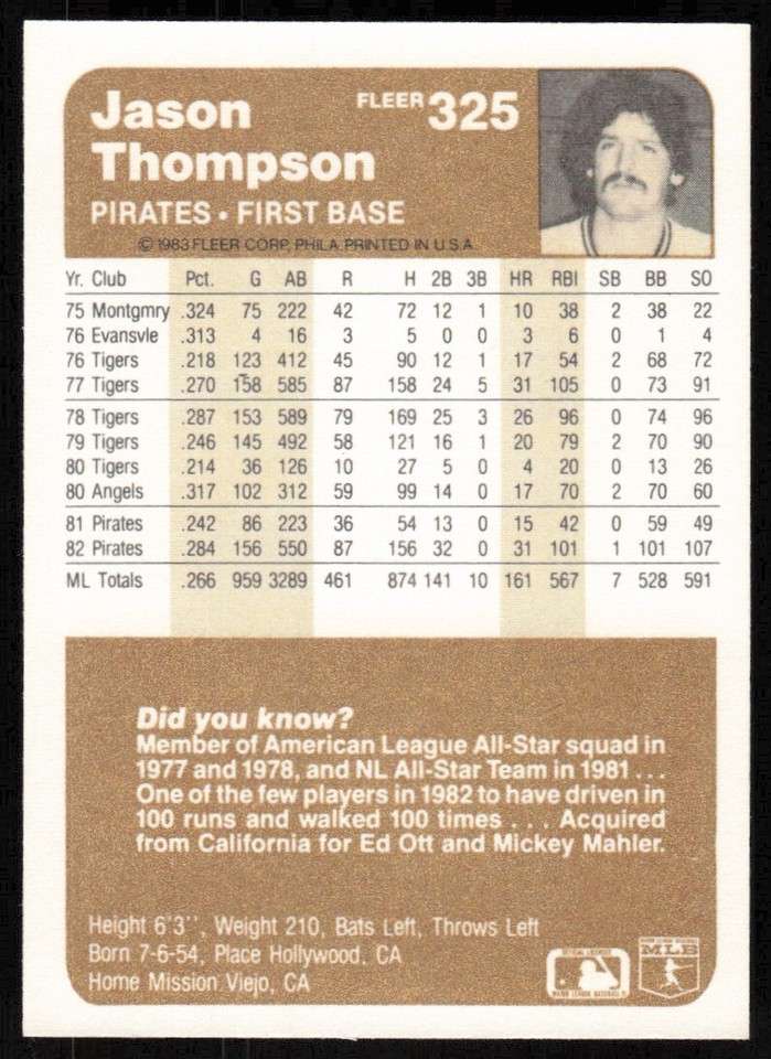 1983 Fleer Jason Thompson Pittsburgh Pirates #325 | eBay
