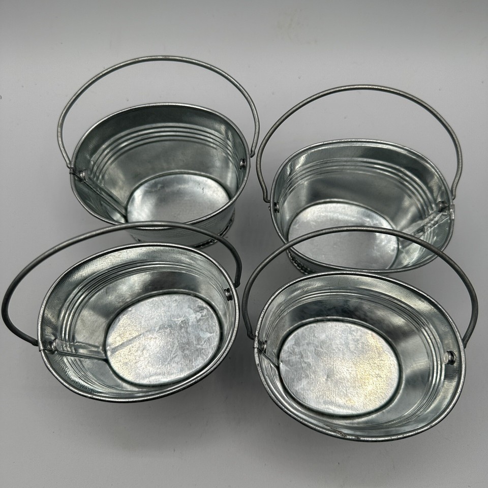 4 Small Galvanized Metal Buckets w/ Handles Mini Tin Pails Party Garden ...