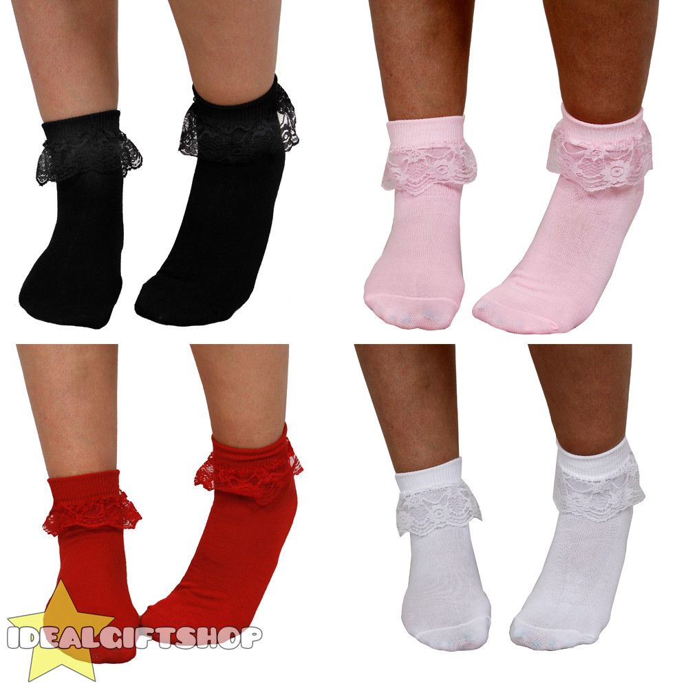 WOMENS 50'S FRILL SOCKS 1950'S BOBBY SOCKS FANCY DRESS WHITE BLACK RED ...