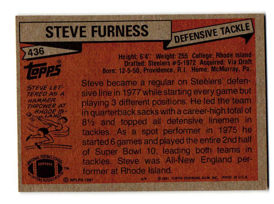 1981 Topps 436 Steve Furness Pittsburgh Steelers Football Card | eBay