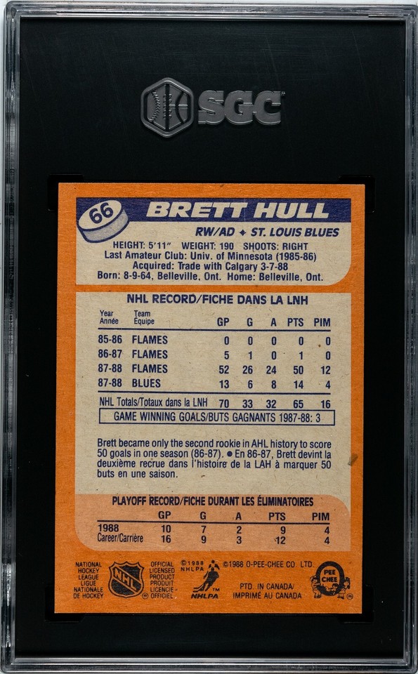 1988-89 O-PEE-CHEE OPC BRETT HULL ROOKIE CARD RC #66 SGC 7 ST LOUIS ...