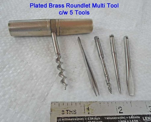 Vintage Plated Brass Roundlet Pocket Corkscrew Screwdriver Gimlet & Awl ...