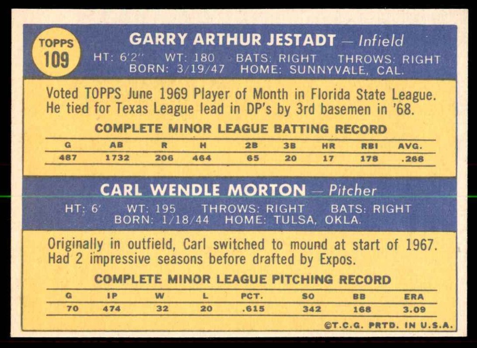 1970 Topps Expos Rookies - Garry Jestadt/Carl Morton Montreal Expos ...