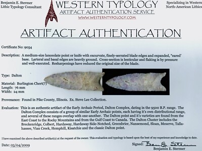 Dalton Arrowhead with C.O.A., Early Archaic 10,000 - 9200 B. P ...