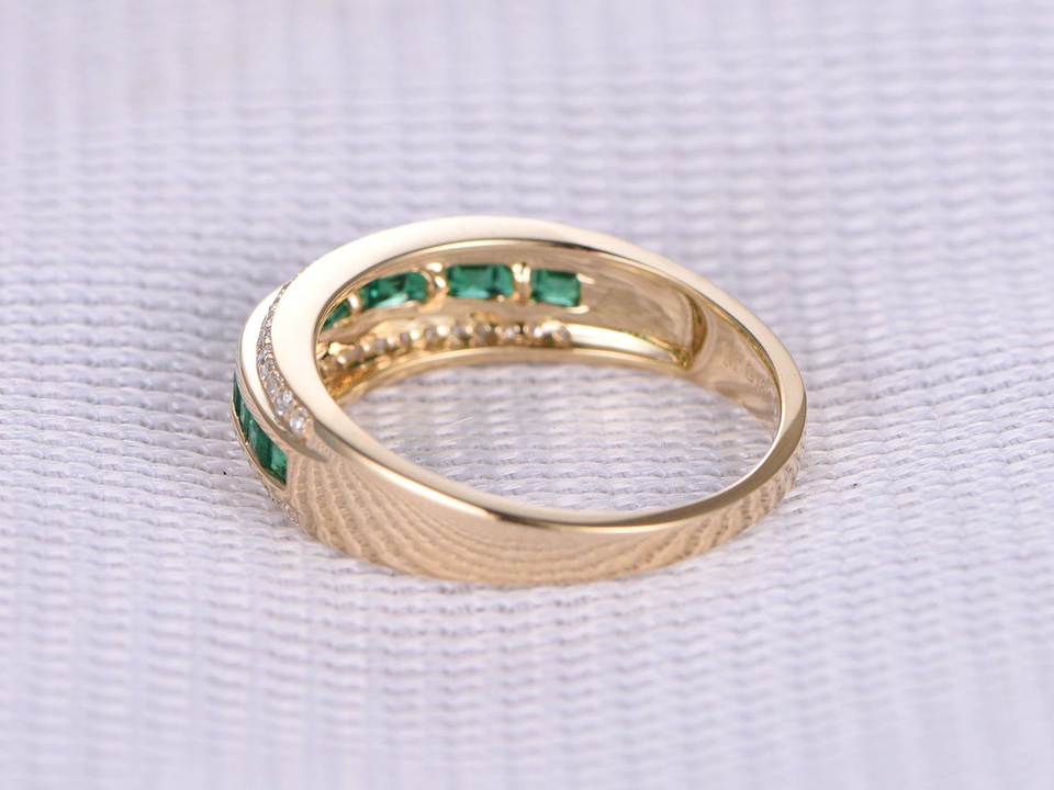 2ct Lab-Created Green Emerald Three Row Half Eternity Band Yellow Gold ...