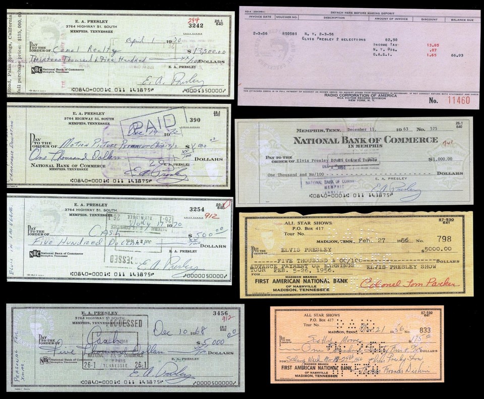 8 x Random Licensed REPRO Elvis Presley Checks $175 - $13,500 to & from ...