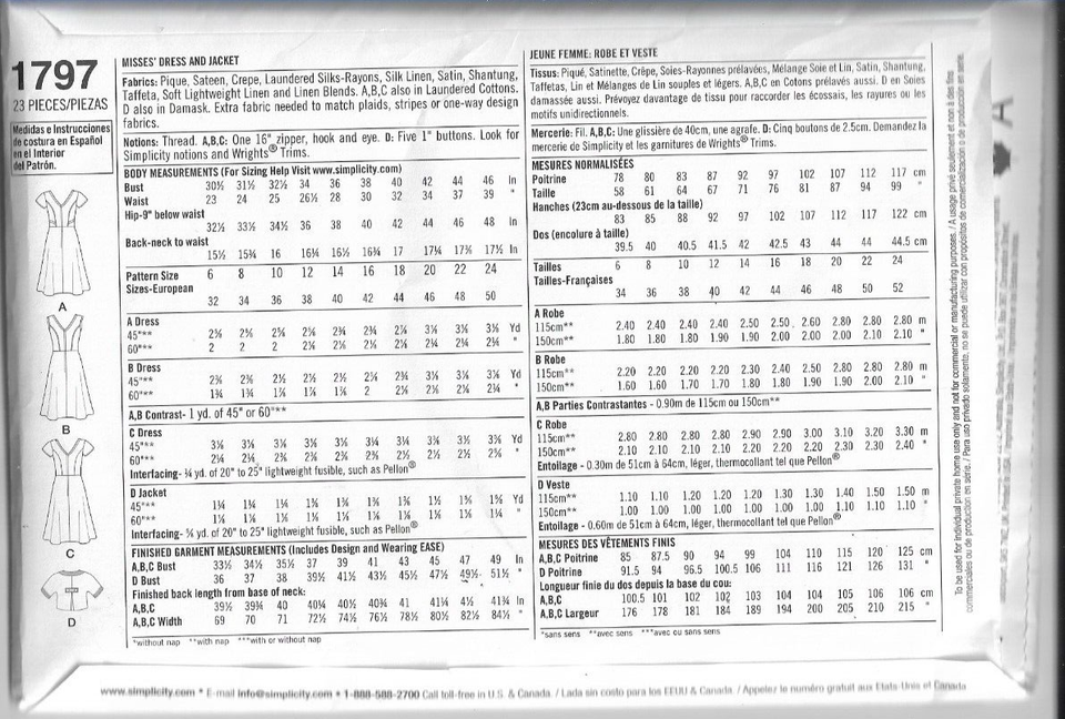 Simplicity Sewing Pattern 1797 Dress Jacket Misses Size 6-14 H5 ...