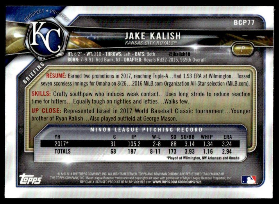 2018 Bowman Mojo BCP77 Jake Kalish Kansas City Royals Baseball Card | eBay