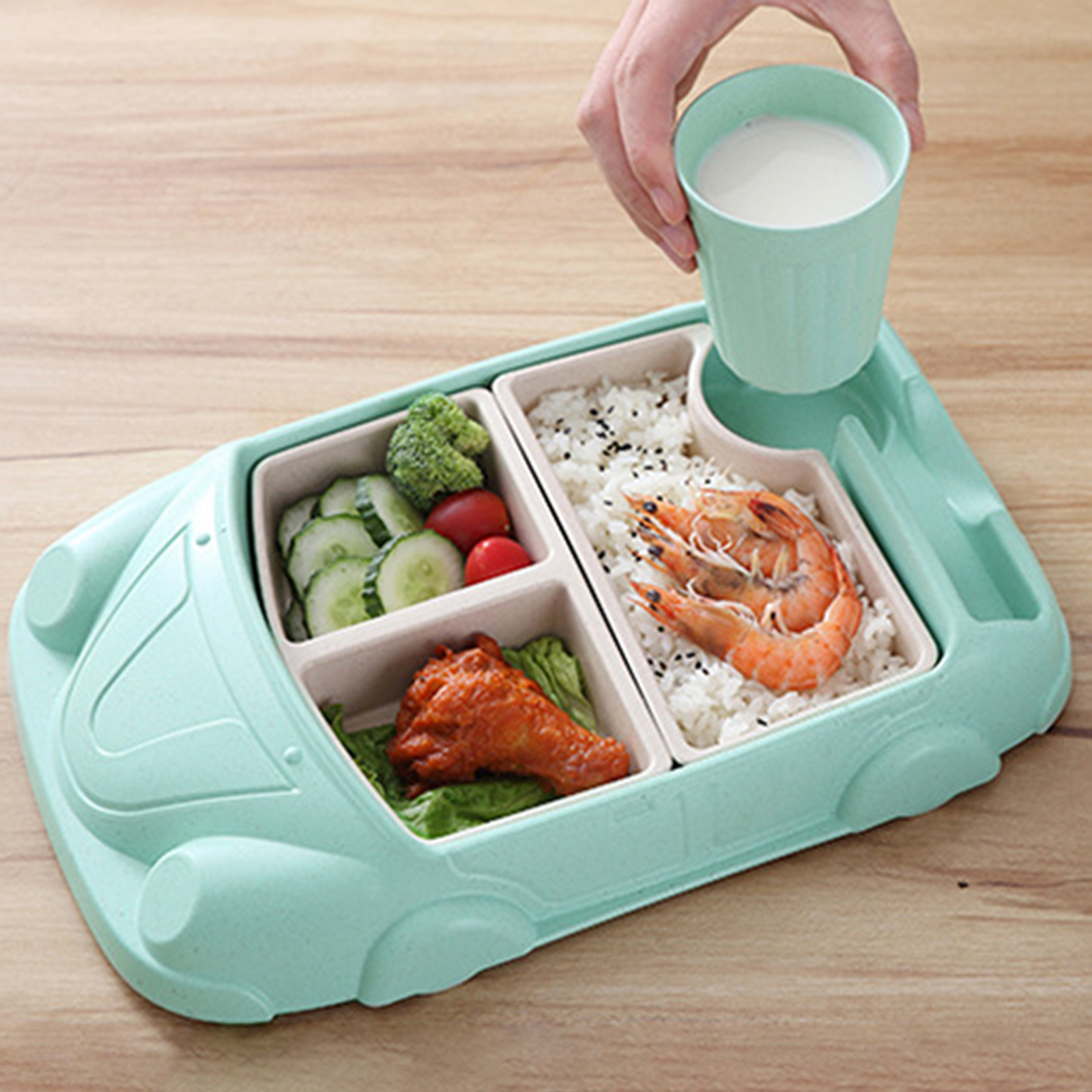 1 Set Lunch Plate Food Contact Grade Storing Car Shape 3 Grids with Cup ...