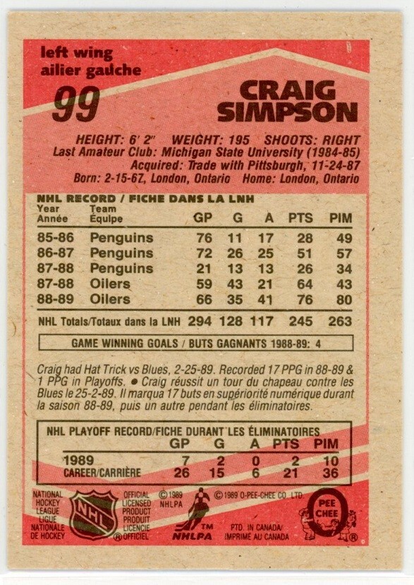 1989-90 O Pee Chee Hockey Craig Simpson #99 NM | eBay