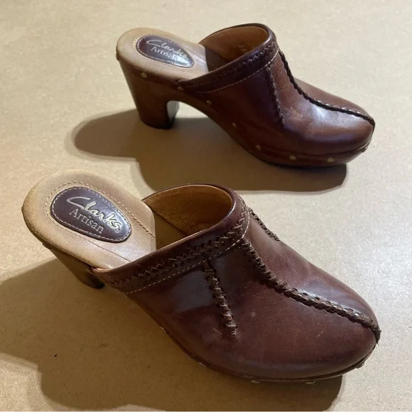 Clarks Artisan Brown Leather Clogs with Wooden Heel Size 5.5M | eBay