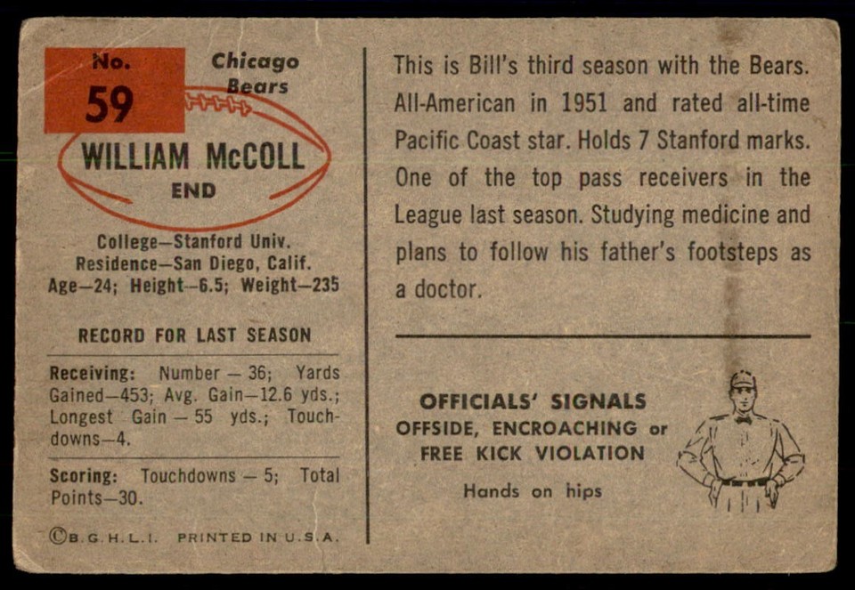 1954 Bowman #59 BILL McCOLL Chicago Bears VG-VG/EX | eBay