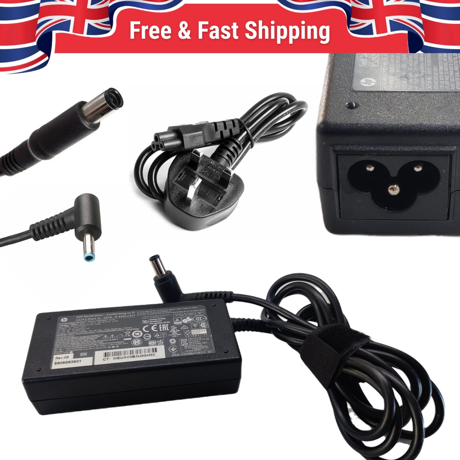 For HP Laptop/PC Charger AC Adapter Power Supply + Cable Cord 45W 65W ...
