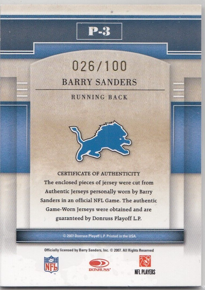 2007 Donruss Gridiron Gear Performers Jerseys Combos #3 Barry Sanders ...