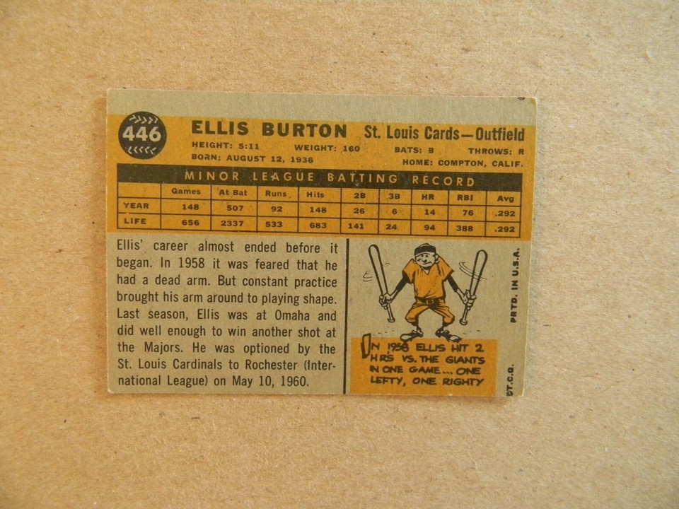 1960 Topps Baseball Card 446 Ellis Burton | eBay