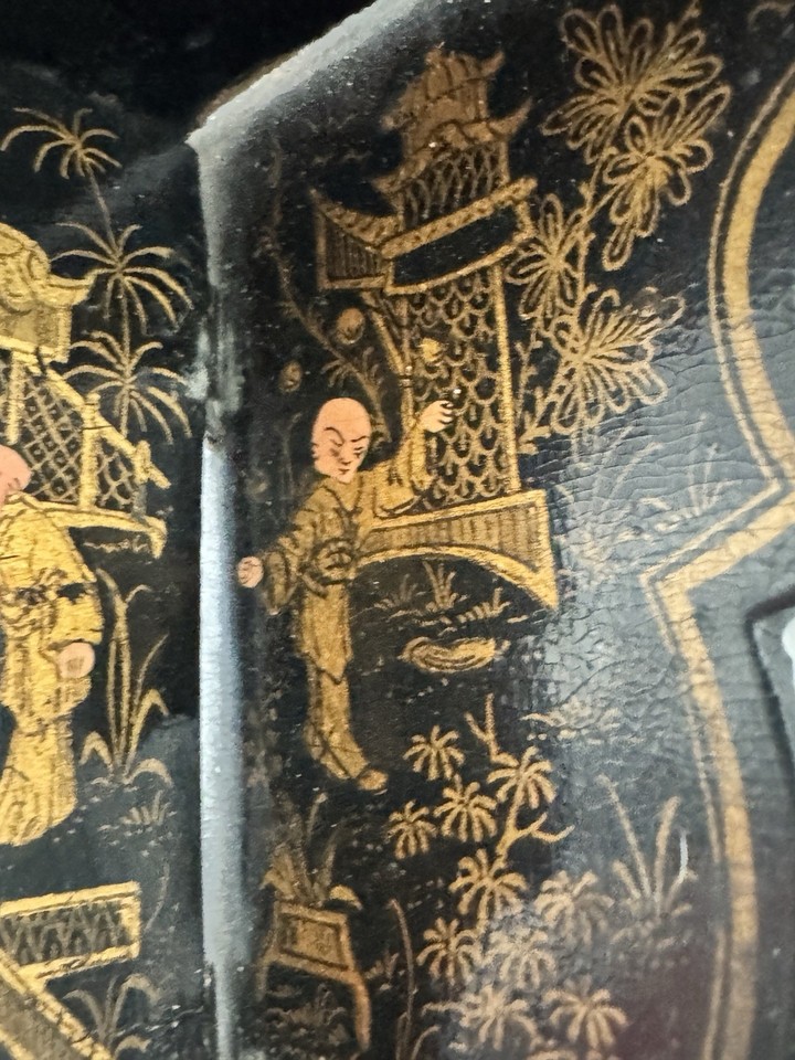 Victorian Chinoiserie Black Lacquer Paper Mache Wall Shelf Hand Painted ...