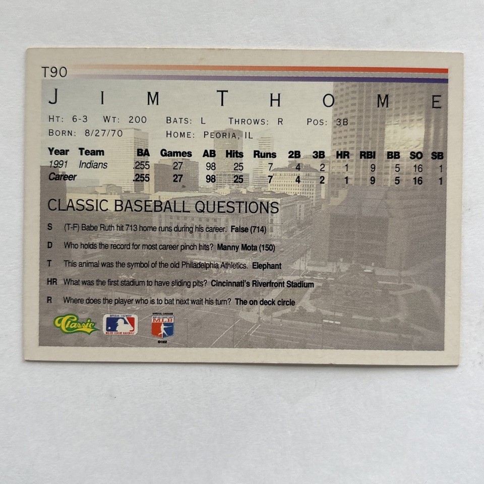 Jim Thome Cleveland Indian 1992 Pinnacle Rookie Card 247 & 1992 Classic ...