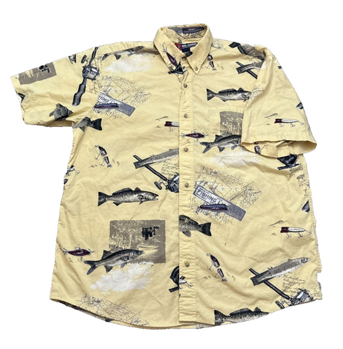 Reel Legends Performance Shirt Men Collared Yellow Graphic Print Fish ...