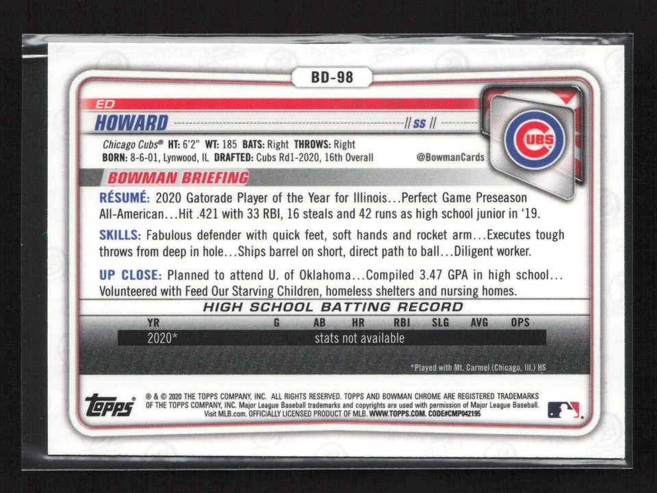 2020 Bowman Draft Chrome 1st Bowman Card Ed Howard #BD-98 Chicago Cubs ...