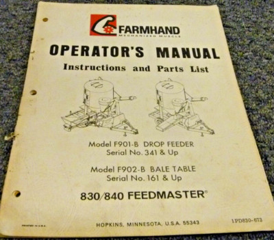 Farmhand Feedmaster 830 840 Grinder-Mixer Parts Catalog & Operator ...