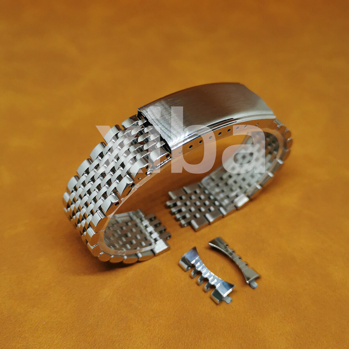 Polished Curved End Rice Bead Bracelet 18-20mm Vintage Steel Watch Band ...