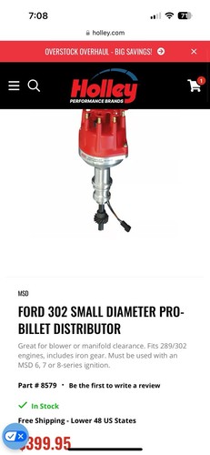MSD Distributor 8579; Pro-Billet, Mech Adv, Small Base for Ford 221-302 ...