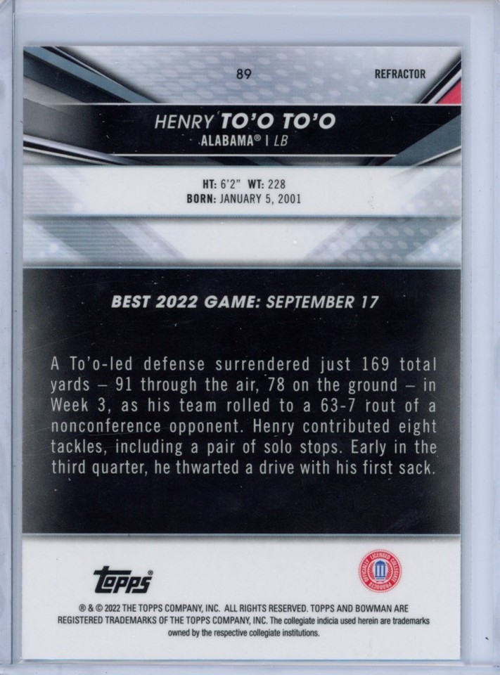 2022 Bowman's Best University #89 Henry To'o To'o Refractor | eBay