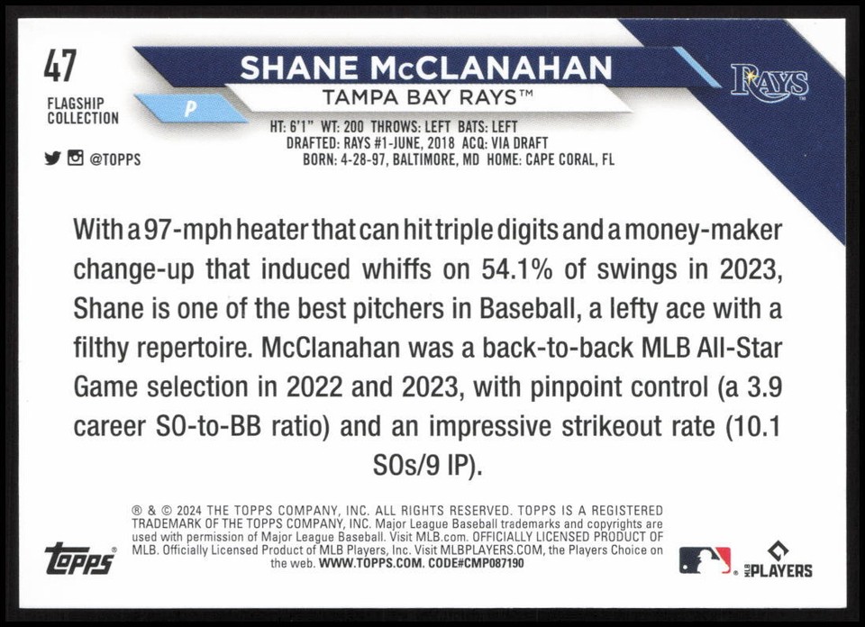 2024 Topps - Flagship Collection #47 Shane McClanahan Tampa Bay Rays ...