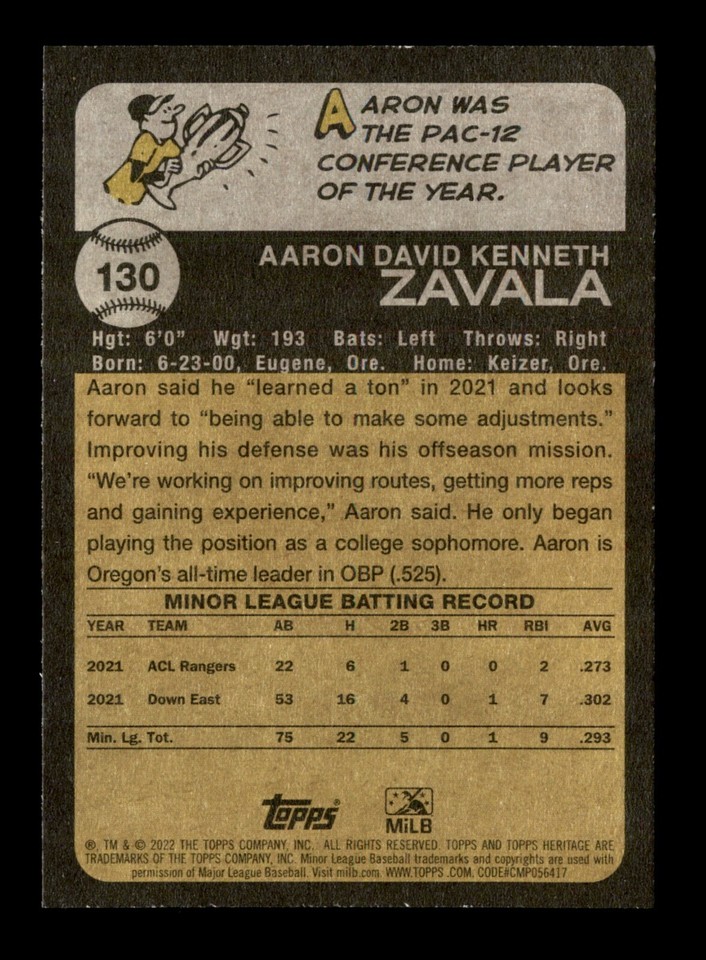 2022 Topps Heritage Minors #130 Aaron Zavala Rangers Baseball Card | eBay