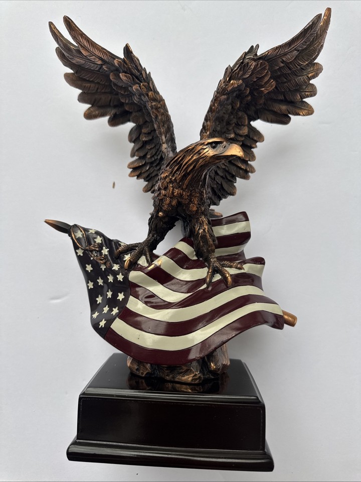 Bronzed Resin Bald Eagle & American Flag 10” Figurine Sculpture w ...