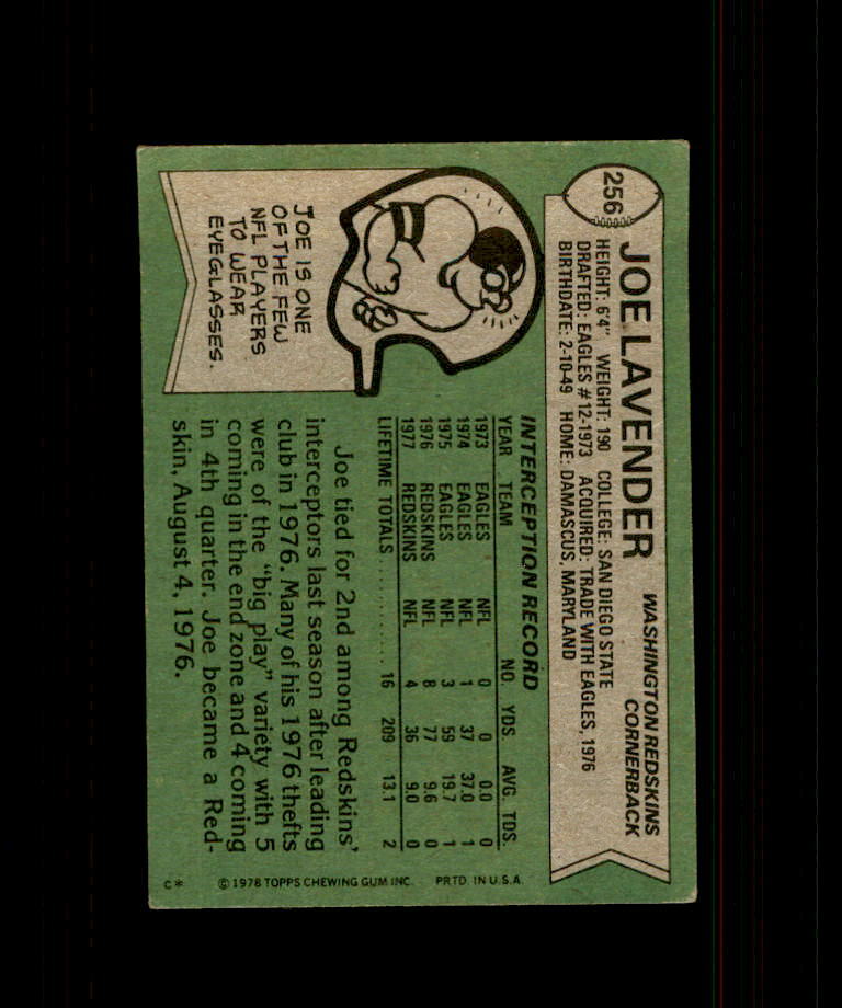 1978 TOPPS FOOTBALL CARD WASHINGTON REDSKINS #256 JOE LAVENDER | eBay