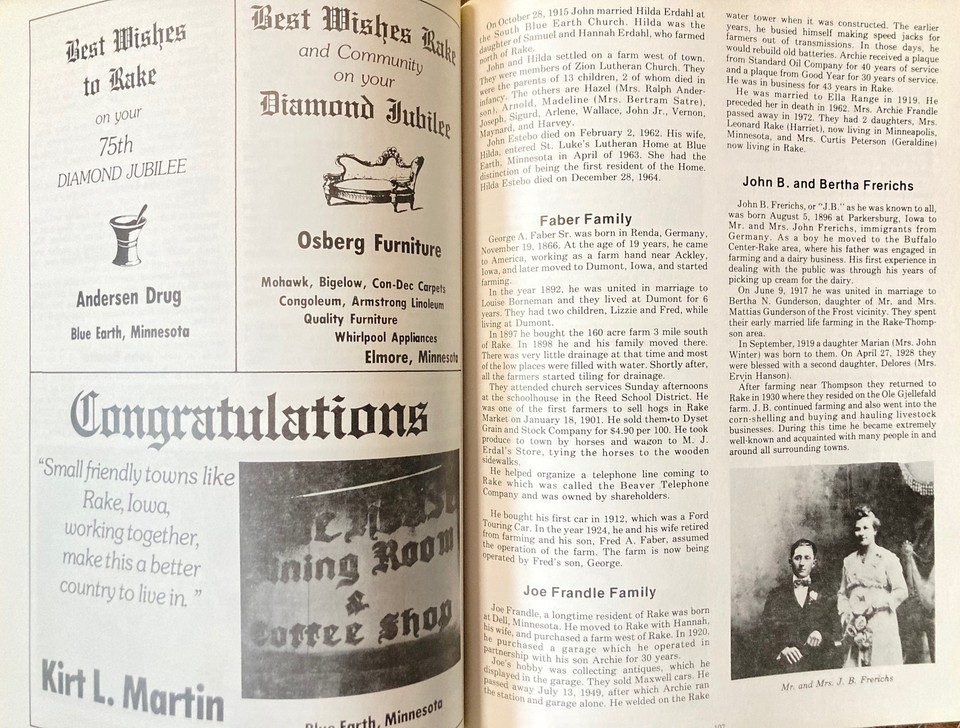 RAKE IOWA WINNEBAGO COUNTY TOWN HISTORY EARLY PIONEERS SETTLERS FAMILY ...