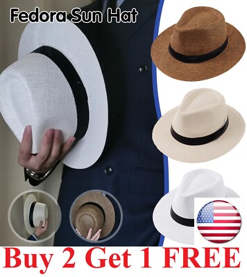Men Women Straw Jazz Fedora Hat Trilby Cuban Sun Cap Panama Short Brim ...