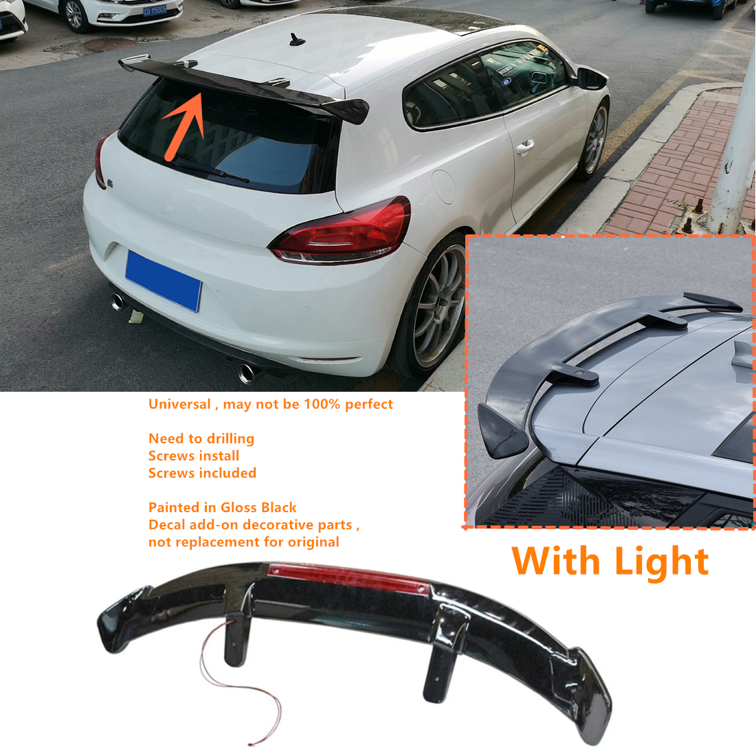 W/ Light Universal Fits VW Scirocco / R 08-17 Rear Boot Trunk Roof ...