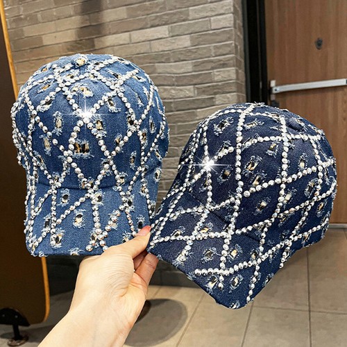 Women Denim Baseball Cap Jean Sun Hat Ripped Rhinestone Dance Hip Hop ...