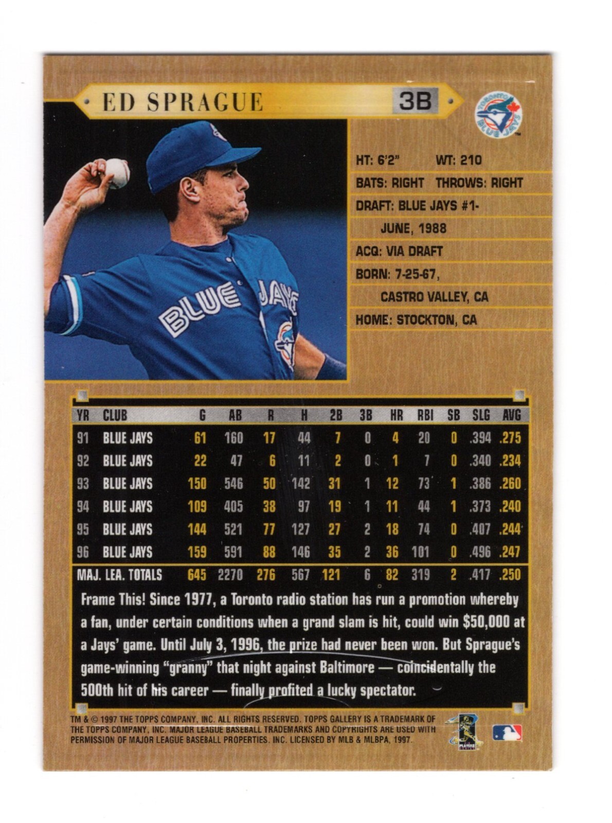 1997 TOPPS GALLERY ED SPRAGUE CARD #122 **NM-MT** TORONTO BLUE JAYS | eBay