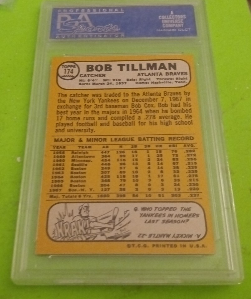 1968 Bob Tillman Topps MKB Baseball Card #174 Atlanta Braves PSA 8 NM ...