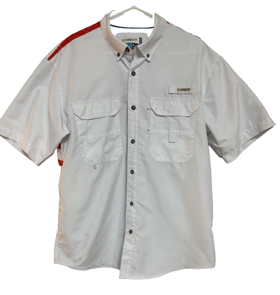 Magellan Fishing Shirt Men Sz M White US Flag Design Vented Short ...