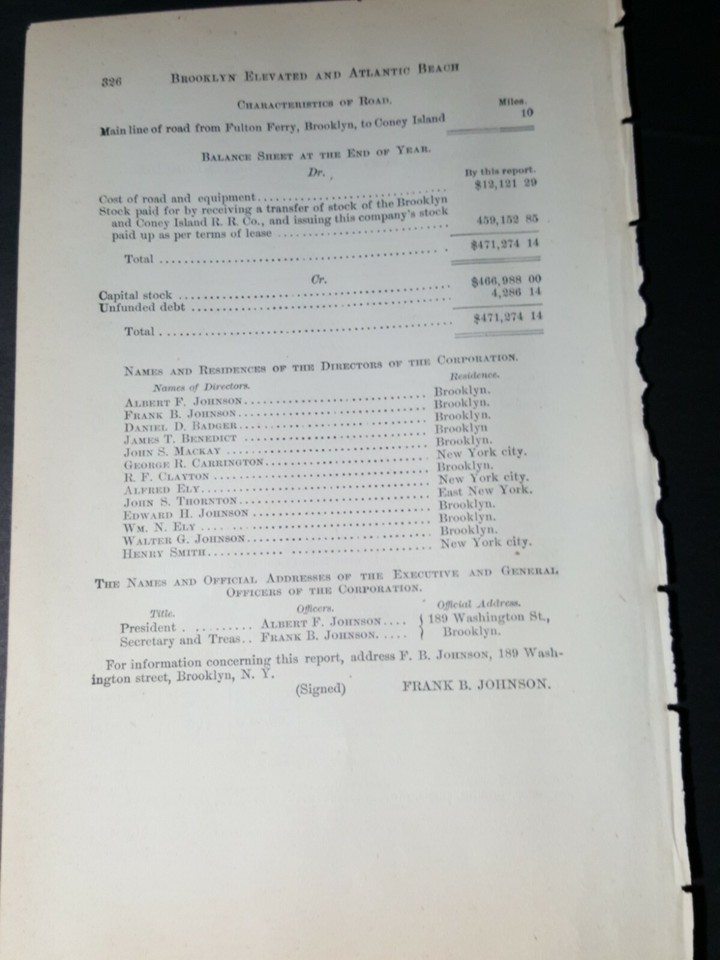 1880 NY train document BROOKLYN ELEVATED & ATLANTIC BEACH RAILROAD NYC ...