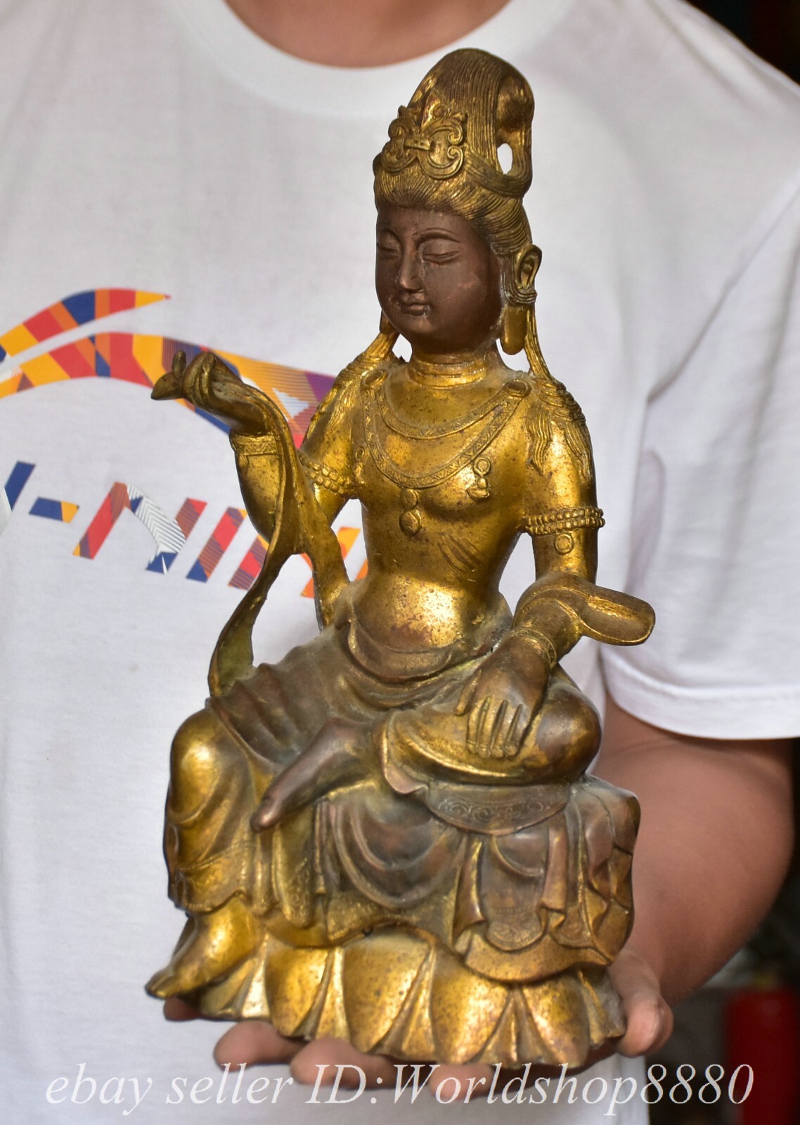 13" Old Tibet Tibetan Bronze Gilt Free Seat Kwan-yin Guan yin Goddess ...