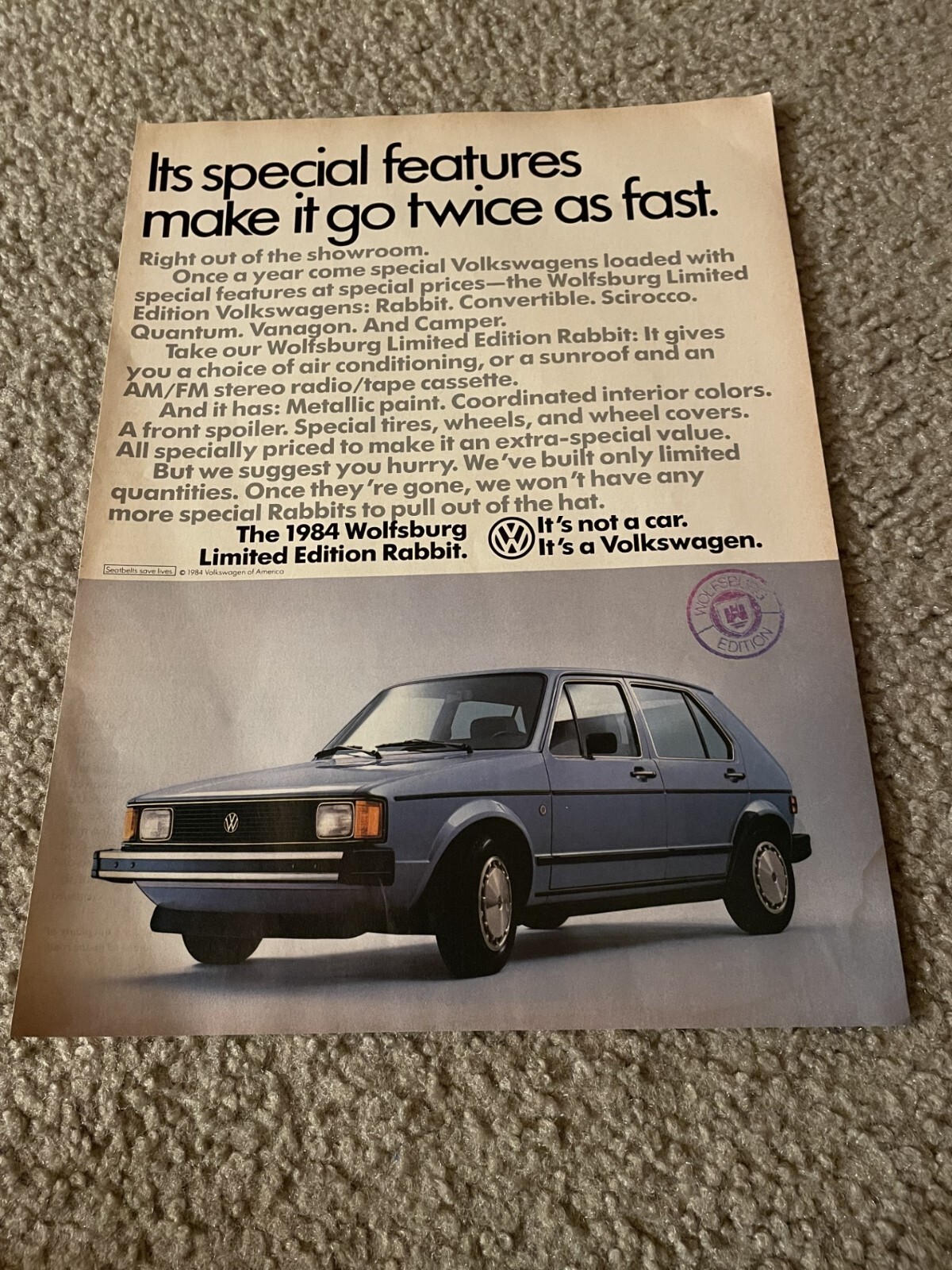 Vintage 1984 VOLKSWAGEN WOLFSBURG LIMITED EDITION RABBIT PRINT AD 1980s ...