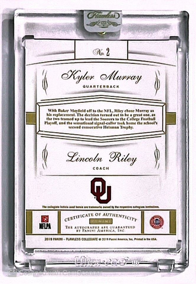 2019 Kyler Murray Lincoln Riley Panini Flawless Rookie Dual Auto 1/1 ...