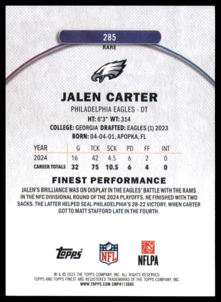 2025 Topps Finest Jalen Carter #285 Philadelphia Eagles | eBay Australia