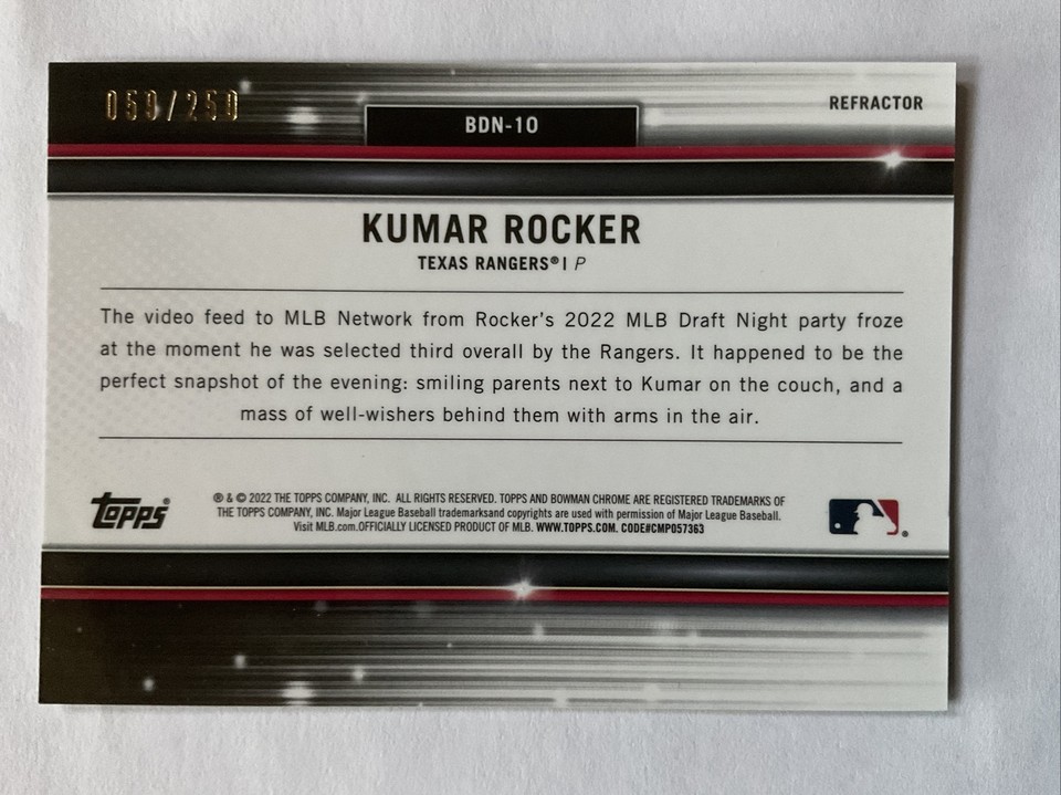 2022 Bowman Chrome Draft Night Refractor KUMAR ROCKER RC, RANGERS #BDN ...