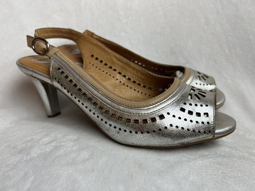 Nurture Heels Sandals Silver Women’s Size 10 M Leather Peep Toe ...