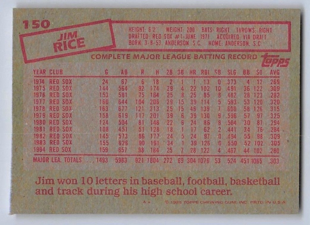 1985 JIM RICE - Topps Baseball Card # 150 - BOSTON RED SOX | eBay